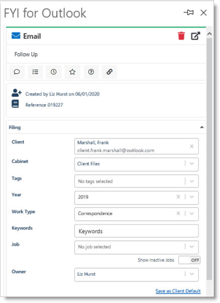 Setting Filing Defaults for a Client from Outlook – FYI